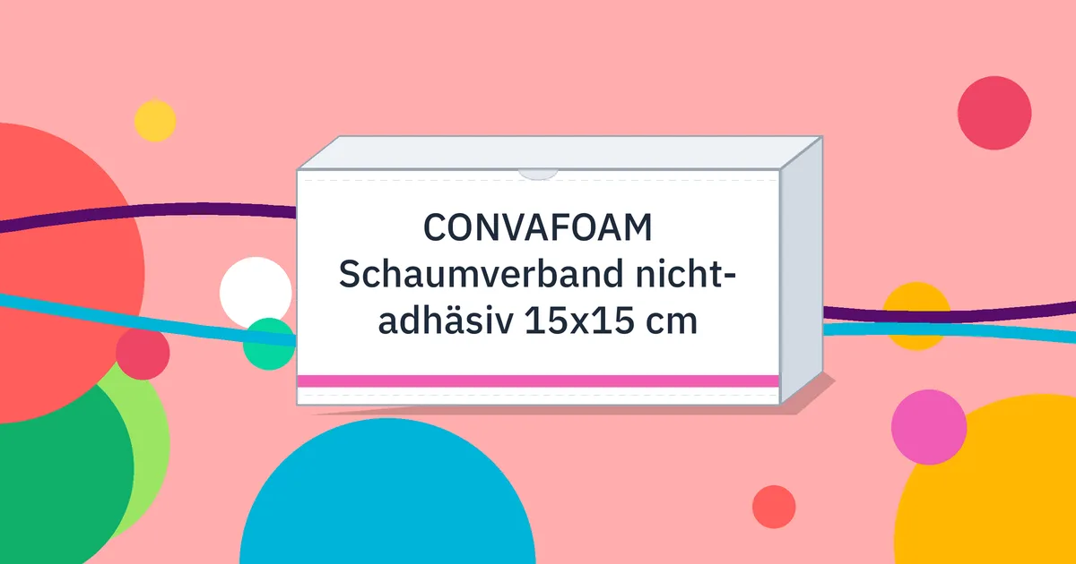 Symbolbild: Packung mit der Aufschrift CONVAFOAM Schaumverband nicht-adhäsiv 15x15 cm (PZN 20410852) – Verfügbarkeit und Bezug in Apotheken in Frankfurt am Main