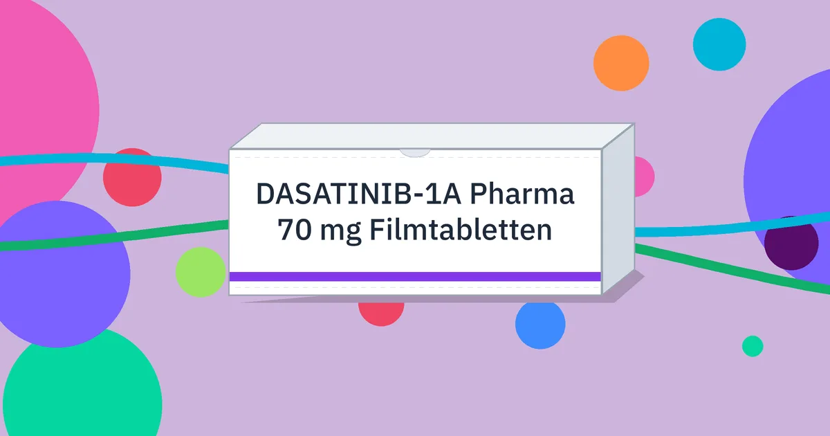 Symbolbild: Packung mit der Aufschrift DASATINIB-1A Pharma 70 mg Filmtabletten (PZN 16755404) – Verfügbarkeit und Bezug in Apotheken in Frankfurt am Main