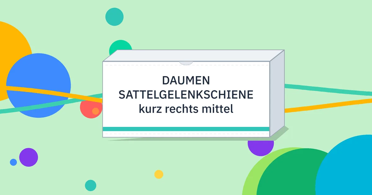 Symbolbild: Packung mit der Aufschrift DAUMEN SATTELGELENKSCHIENE kurz rechts mittel (PZN 02639568) – Verfügbarkeit und Bezug in Apotheken in Frankfurt am Main