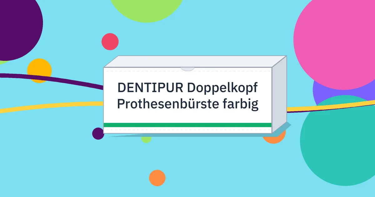 Symbolbild: Packung mit der Aufschrift DENTIPUR Doppelkopf Prothesenbürste farbig (PZN 08858633) – Verfügbarkeit und Bezug in Apotheken in Frankfurt am Main