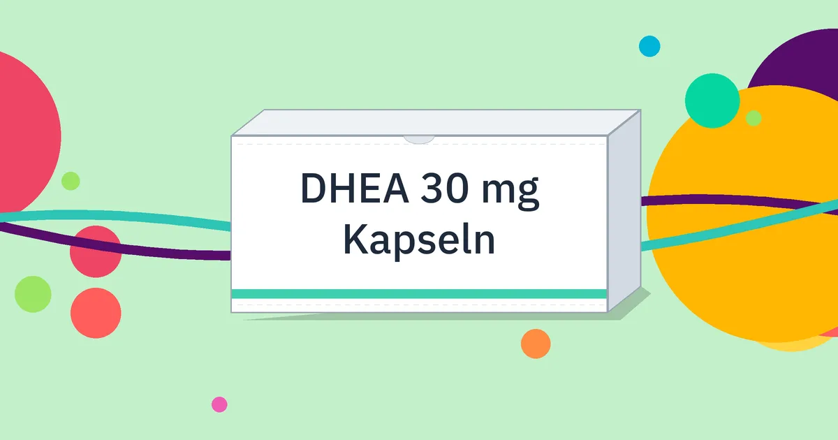 Symbolbild: Packung mit der Aufschrift DHEA 30 mg Kapseln (PZN 18682678) – Verfügbarkeit und Bezug in Apotheken in Frankfurt am Main