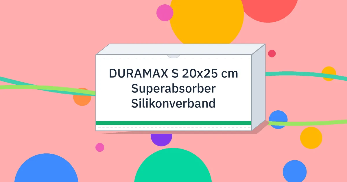Symbolbild: Packung mit der Aufschrift DURAMAX S 20x25 cm Superabsorber Silikonverband (PZN 19883054) – Verfügbarkeit und Bezug in Apotheken in Frankfurt am Main