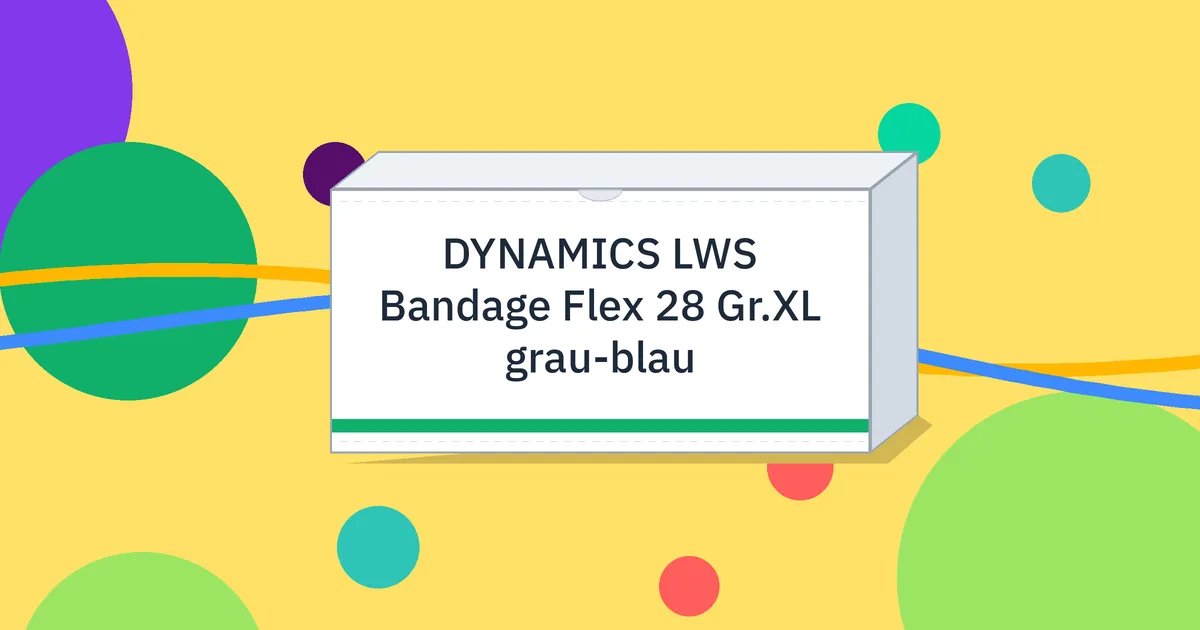 Symbolbild: Packung mit der Aufschrift DYNAMICS LWS Bandage Flex 28 Gr.XL grau-blau (PZN 10634272) – Verfügbarkeit und Bezug in Apotheken in Frankfurt am Main