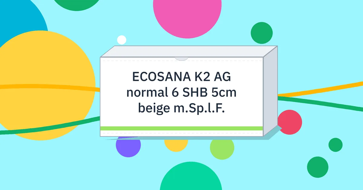 Symbolbild: Packung mit der Aufschrift ECOSANA K2 AG normal 6 SHB 5cm beige m.Sp.l.F. (PZN 10957064) – Verfügbarkeit und Bezug in Apotheken in Frankfurt am Main