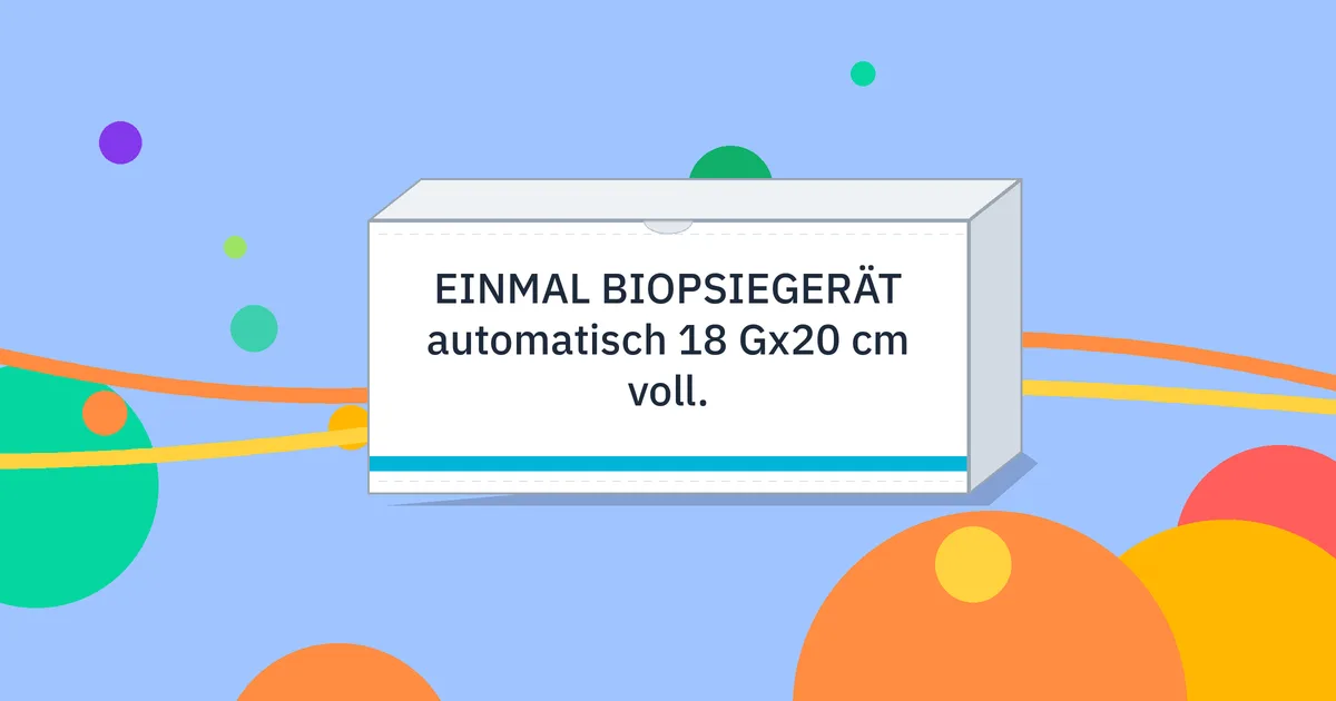 Symbolbild: Packung mit der Aufschrift EINMAL BIOPSIEGERÄT automatisch 18 Gx20 cm voll. (PZN 14384441) – Verfügbarkeit und Bezug in Apotheken in Frankfurt am Main