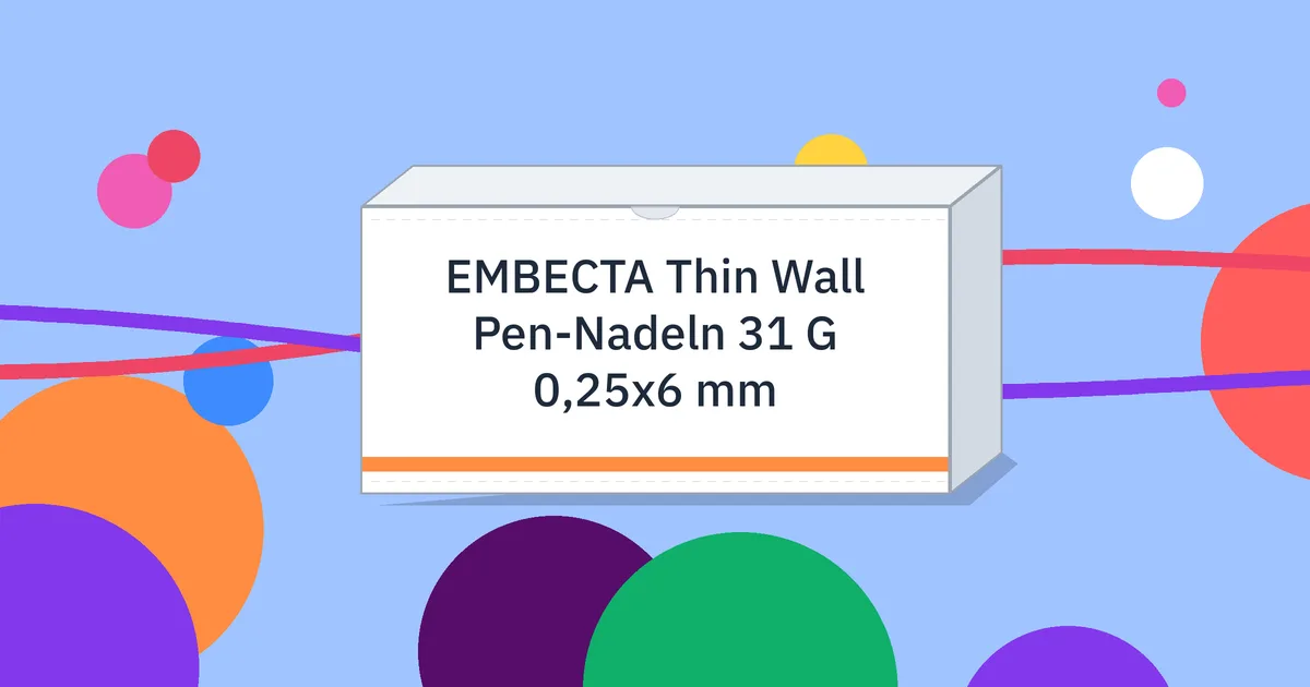 Symbolbild: Packung mit der Aufschrift EMBECTA Thin Wall Pen-Nadeln 31 G 0,25x6 mm (PZN 20612811) – Verfügbarkeit und Bezug in Apotheken in Frankfurt am Main