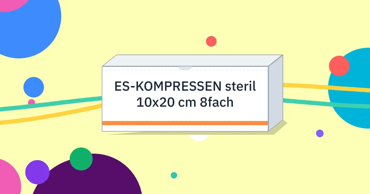 Symbolbild: Packung mit der Aufschrift ES-KOMPRESSEN steril 10x20 cm 8fach (PZN 19346770) – Verfügbarkeit und Bezug in Apotheken in Frankfurt am Main