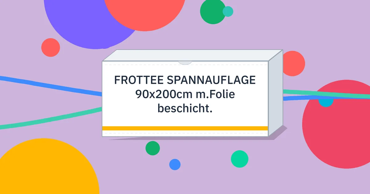 Symbolbild: Packung mit der Aufschrift FROTTEE SPANNAUFLAGE 90x200cm m.Folie beschicht. (PZN 03010795) – Verfügbarkeit und Bezug in Apotheken in Frankfurt am Main
