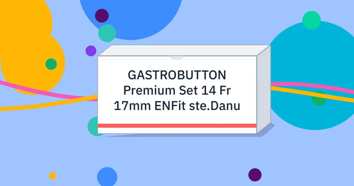 Symbolbild: Packung mit der Aufschrift GASTROBUTTON Premium Set 14 Fr 17mm ENFit ste.Danu (PZN 16883421) – Verfügbarkeit und Bezug in Apotheken in Frankfurt am Main