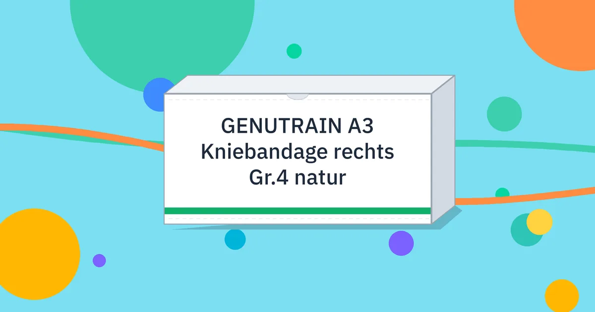 Symbolbild: Packung mit der Aufschrift GENUTRAIN A3 Kniebandage rechts Gr.4 natur (PZN 01071628) – Verfügbarkeit und Bezug in Apotheken in Frankfurt am Main