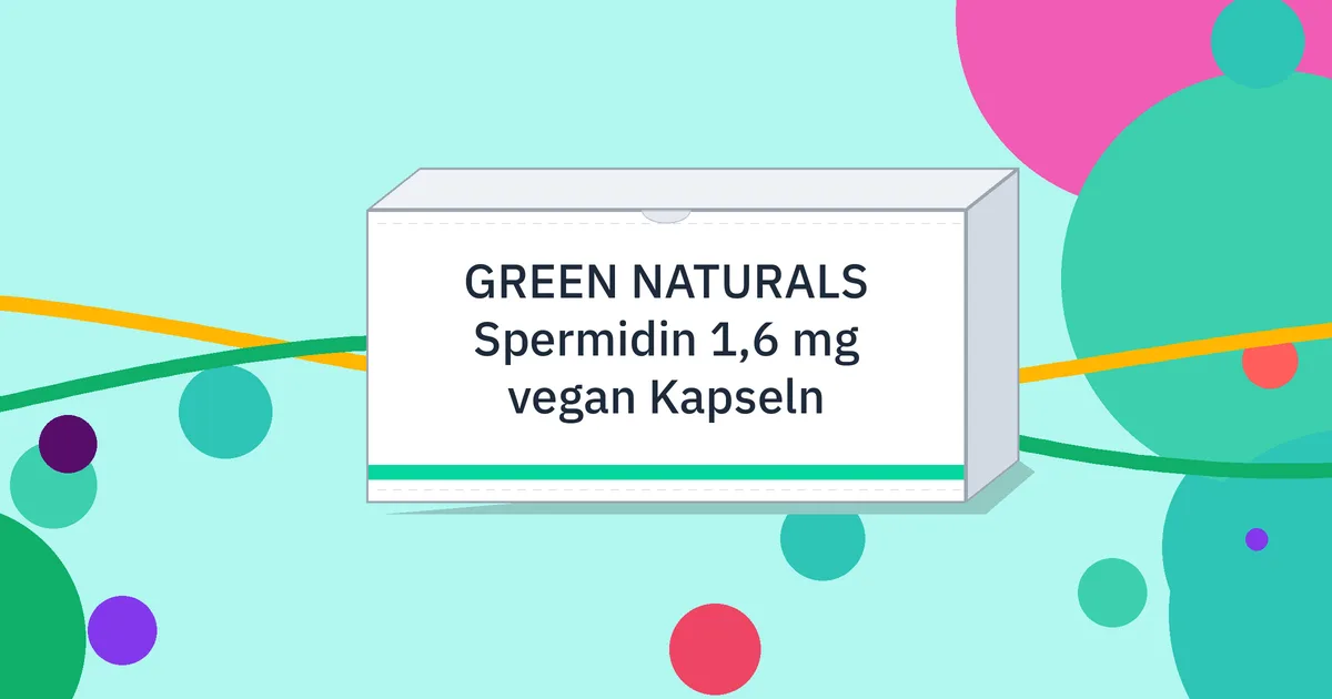 Symbolbild: Packung mit der Aufschrift GREEN NATURALS Spermidin 1,6 mg vegan Kapseln (PZN 18099163) – Verfügbarkeit und Bezug in Apotheken in Frankfurt am Main
