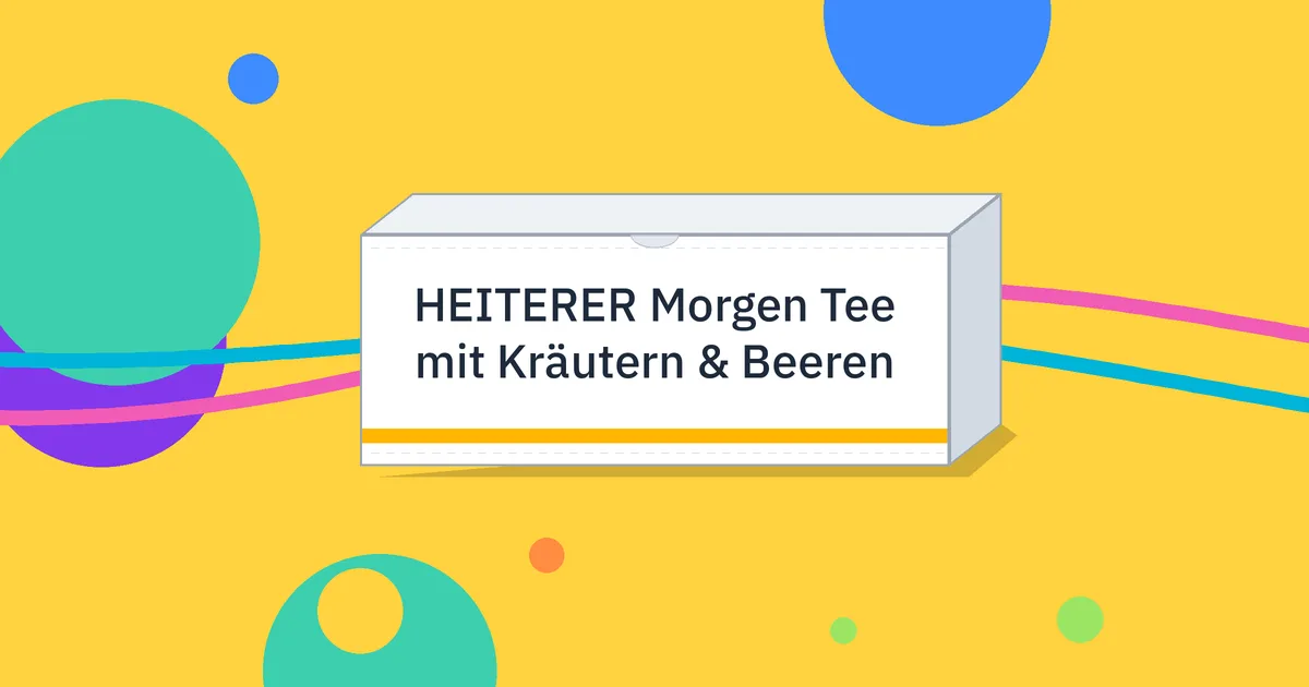 Symbolbild: Packung mit der Aufschrift HEITERER Morgen Tee mit Kräutern & Beeren (PZN 18362382) – Verfügbarkeit und Bezug in Apotheken in Frankfurt am Main