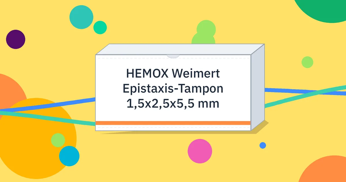 Symbolbild: Packung mit der Aufschrift HEMOX Weimert Epistaxis-Tampon 1,5x2,5x5,5 mm (PZN 06592562) – Verfügbarkeit und Bezug in Apotheken in Frankfurt am Main