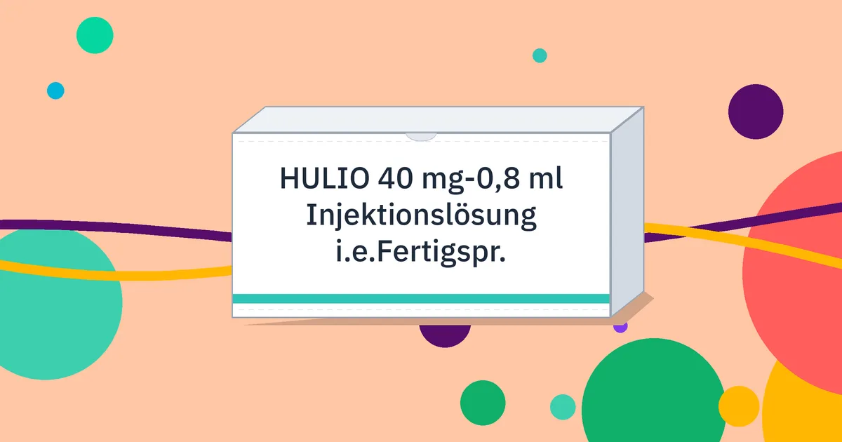 Symbolbild: Packung mit der Aufschrift HULIO 40 mg-0,8 ml Injektionslösung i.e.Fertigspr. (PZN 18454658) – Verfügbarkeit und Bezug in Apotheken in Frankfurt am Main