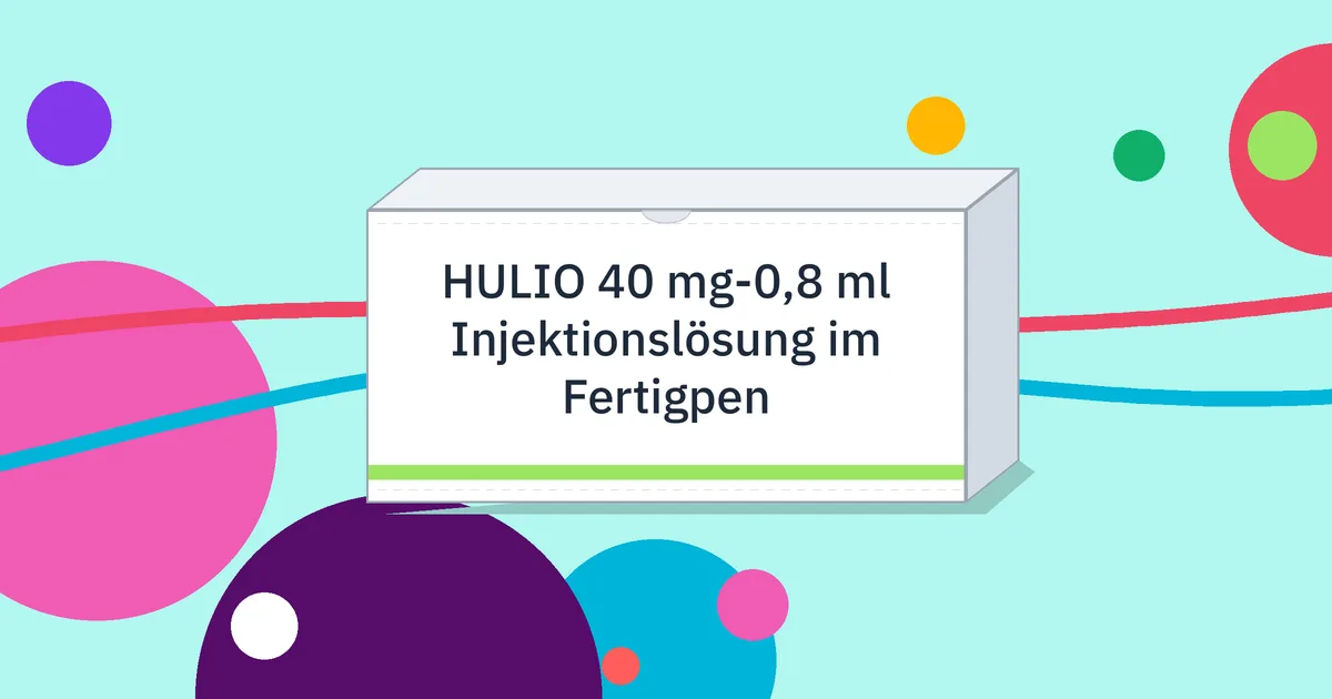 Symbolbild: Packung mit der Aufschrift HULIO 40 mg-0,8 ml Injektionslösung im Fertigpen (PZN 15395642) – Verfügbarkeit und Bezug in Apotheken in Frankfurt am Main