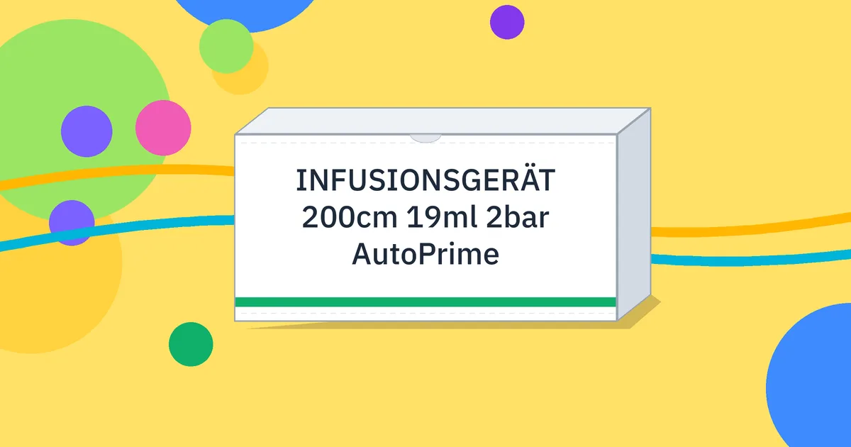 Symbolbild: Packung mit der Aufschrift INFUSIONSGERÄT 200cm 19ml 2bar AutoPrime (PZN 18469269) – Verfügbarkeit und Bezug in Apotheken in Frankfurt am Main