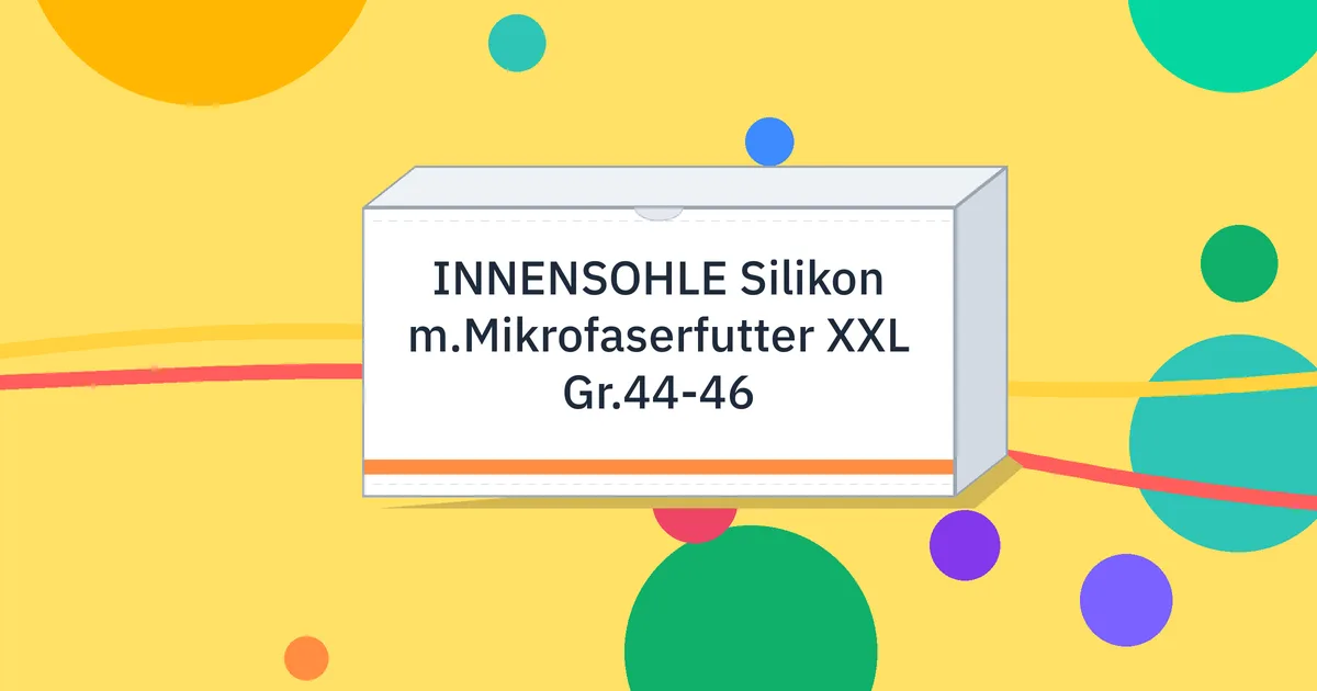 Symbolbild: Packung mit der Aufschrift INNENSOHLE Silikon m.Mikrofaserfutter XXL Gr.44-46 (PZN 19073119) – Verfügbarkeit und Bezug in Apotheken in Frankfurt am Main