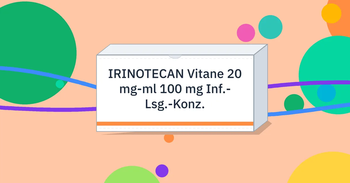 Symbolbild: Packung mit der Aufschrift IRINOTECAN Vitane 20 mg-ml 100 mg Inf.-Lsg.-Konz. (PZN 11721978) – Verfügbarkeit und Bezug in Apotheken in Frankfurt am Main