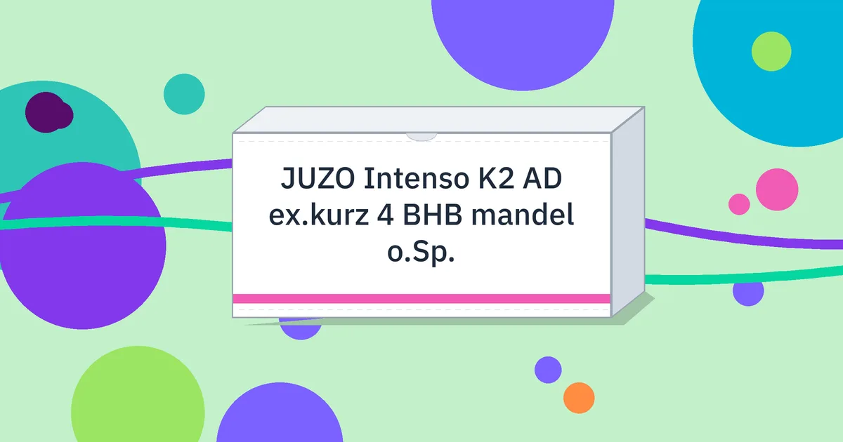 Symbolbild: Packung mit der Aufschrift JUZO Intenso K2 AD ex.kurz 4 BHB mandel o.Sp. (PZN 18625781) – Verfügbarkeit und Bezug in Apotheken in Frankfurt am Main