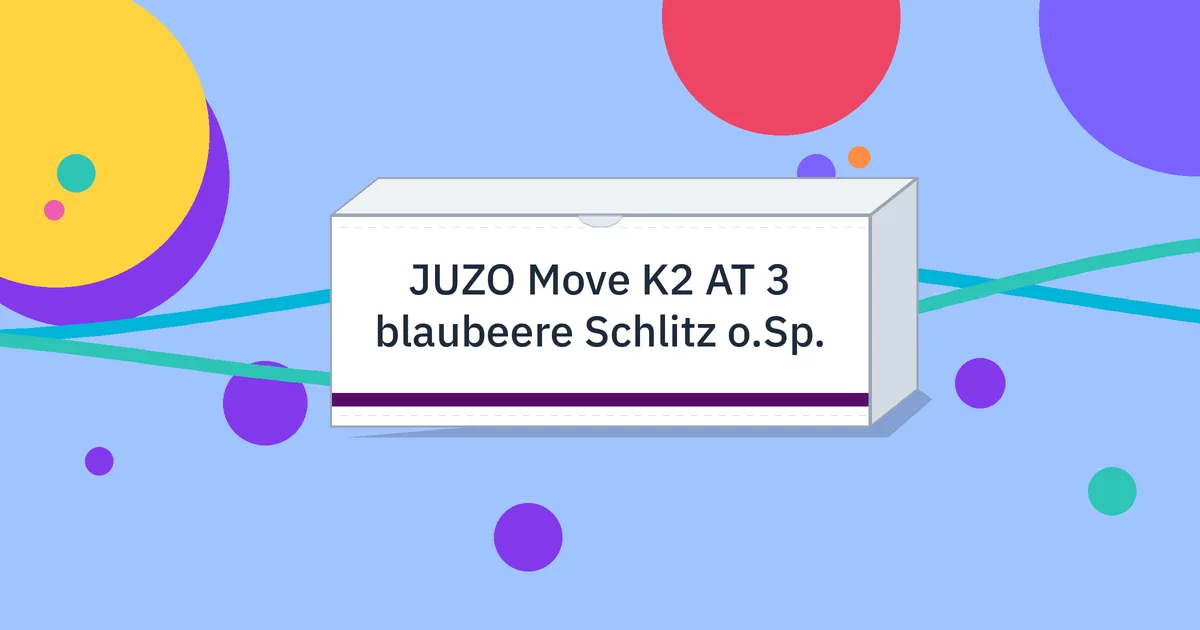 Symbolbild: Packung mit der Aufschrift JUZO Move K2 AT 3 blaubeere Schlitz o.Sp. (PZN 20670300) – Verfügbarkeit und Bezug in Apotheken in Frankfurt am Main