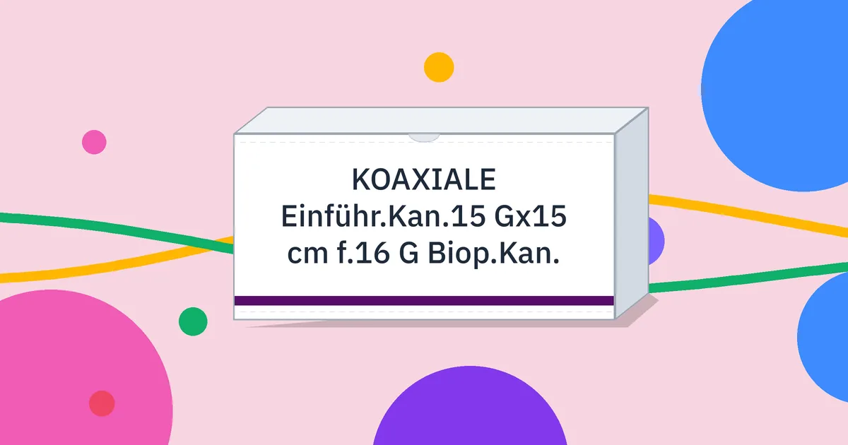 Symbolbild: Packung mit der Aufschrift KOAXIALE Einführ.Kan.15 Gx15 cm f.16 G Biop.Kan. (PZN 06903720) – Verfügbarkeit und Bezug in Apotheken in Frankfurt am Main