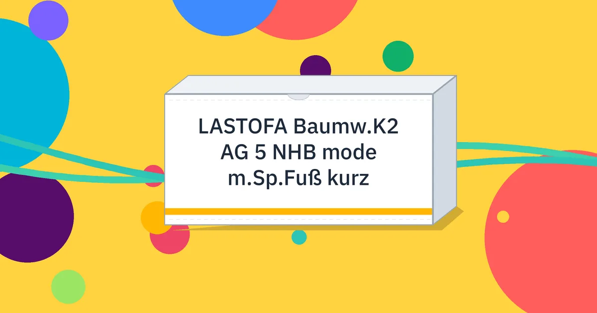 Symbolbild: Packung mit der Aufschrift LASTOFA Baumw.K2 AG 5 NHB mode m.Sp.Fuß kurz (PZN 01947173) – Verfügbarkeit und Bezug in Apotheken in Frankfurt am Main