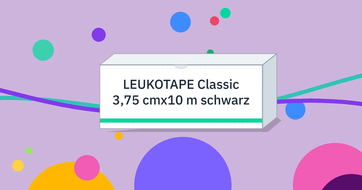 Symbolbild: Packung mit der Aufschrift LEUKOTAPE Classic 3,75 cmx10 m schwarz (PZN 05384100) – Verfügbarkeit und Bezug in Apotheken in Frankfurt am Main