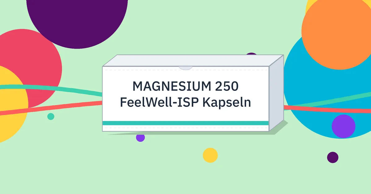 Symbolbild: Packung mit der Aufschrift MAGNESIUM 250 FeelWell-ISP Kapseln (PZN 16239329) – Verfügbarkeit und Bezug in Apotheken in Frankfurt am Main