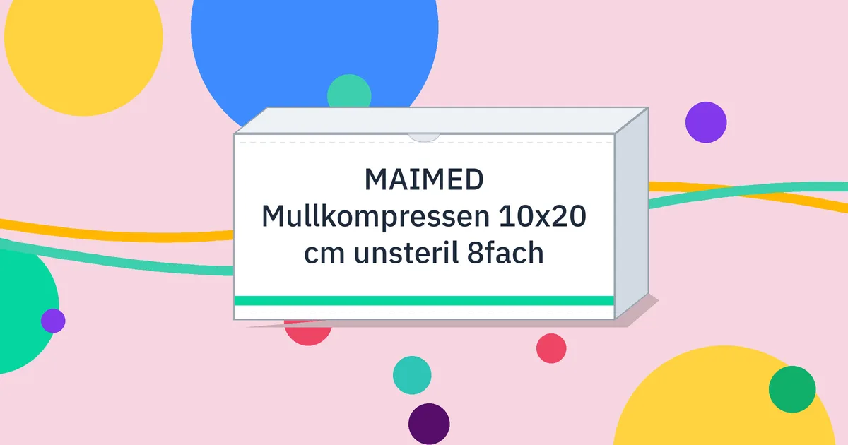 Symbolbild: Packung mit der Aufschrift MAIMED Mullkompressen 10x20 cm unsteril 8fach (PZN 01345965) – Verfügbarkeit und Bezug in Apotheken in Frankfurt am Main