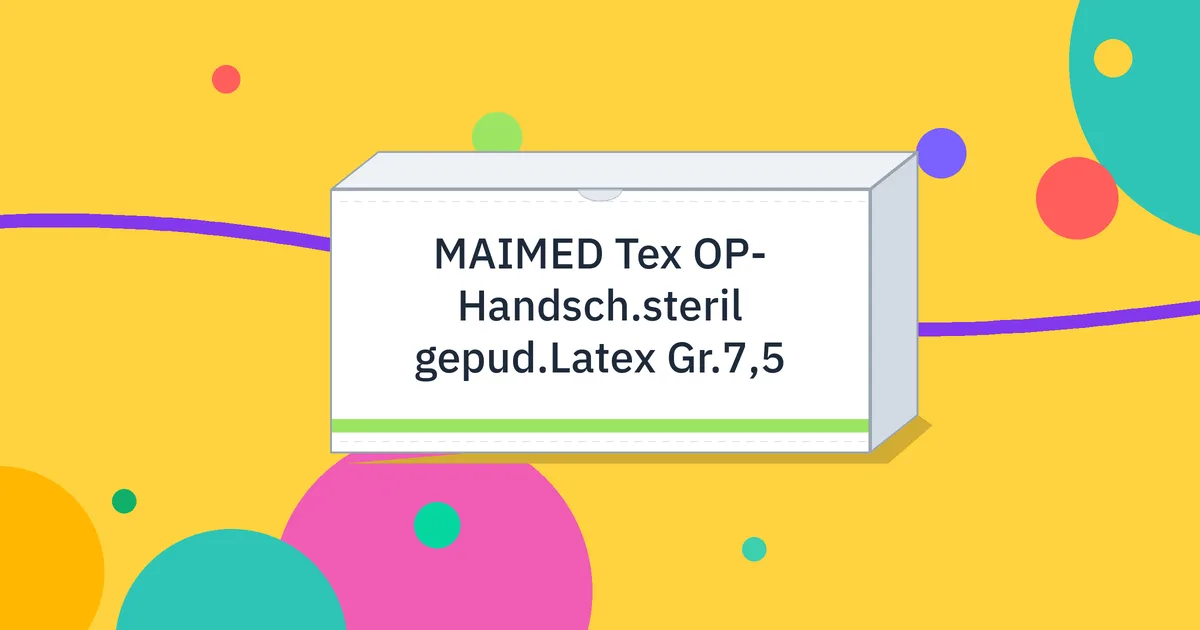 Symbolbild: Packung mit der Aufschrift MAIMED Tex OP-Handsch.steril gepud.Latex Gr.7,5 (PZN 04842635) – Verfügbarkeit und Bezug in Apotheken in Frankfurt am Main