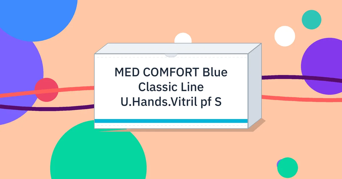 Symbolbild: Packung mit der Aufschrift MED COMFORT Blue Classic Line U.Hands.Vitril pf S (PZN 16880256) – Verfügbarkeit und Bezug in Apotheken in Frankfurt am Main