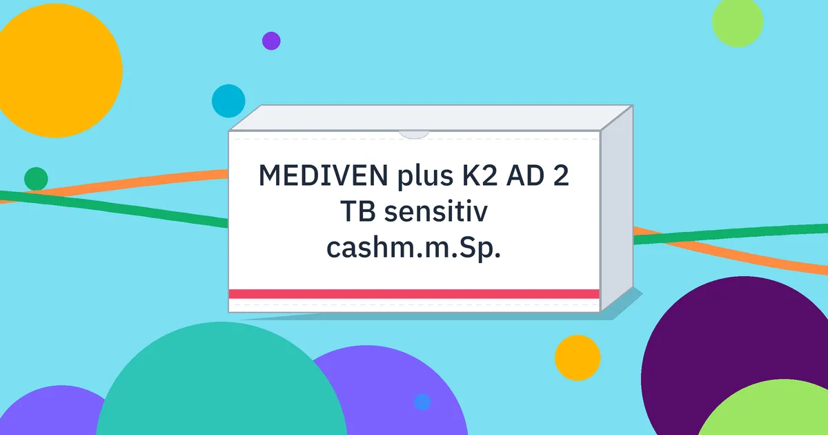 Symbolbild: Packung mit der Aufschrift MEDIVEN plus K2 AD 2 TB sensitiv cashm.m.Sp. (PZN 15104780) – Verfügbarkeit und Bezug in Apotheken in Frankfurt am Main