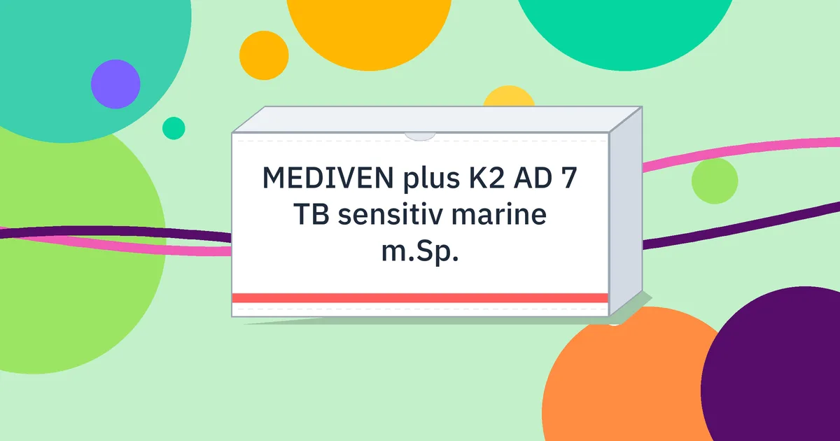 Symbolbild: Packung mit der Aufschrift MEDIVEN plus K2 AD 7 TB sensitiv marine m.Sp. (PZN 15104432) – Verfügbarkeit und Bezug in Apotheken in Frankfurt am Main