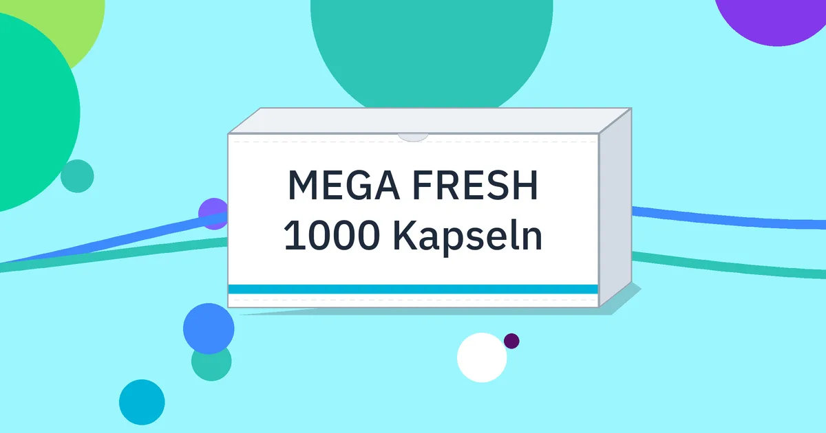 Symbolbild: Packung mit der Aufschrift MEGA FRESH 1000 Kapseln (PZN 16687737) – Verfügbarkeit und Bezug in Apotheken in Frankfurt am Main