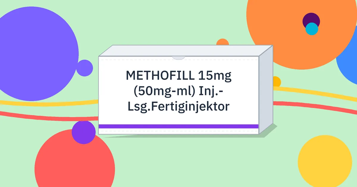 Symbolbild: Packung mit der Aufschrift METHOFILL 15mg (50mg-ml) Inj.-Lsg.Fertiginjektor (PZN 18660837) – Verfügbarkeit und Bezug in Apotheken in Frankfurt am Main