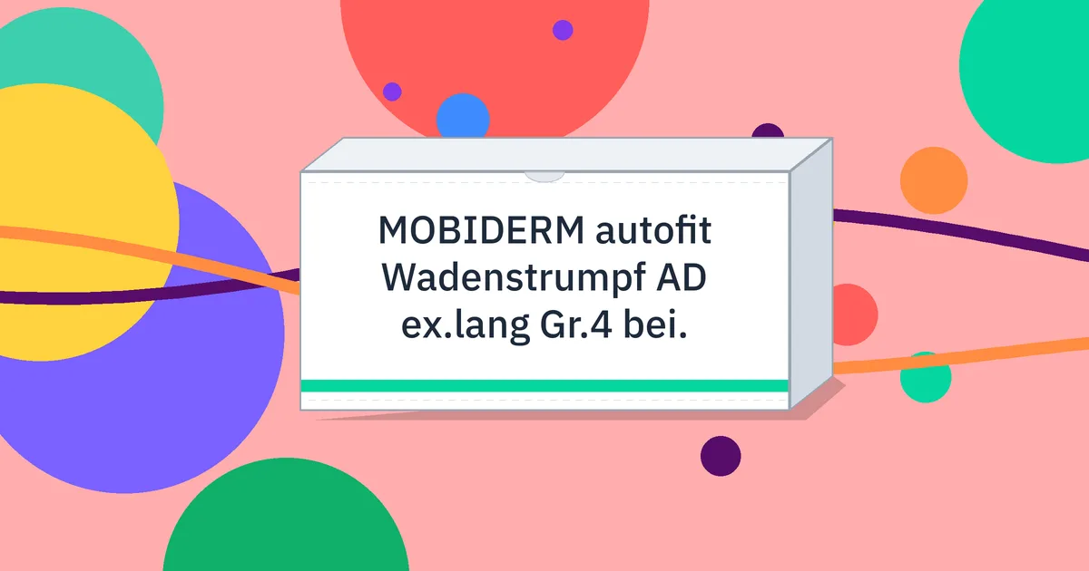 Symbolbild: Packung mit der Aufschrift MOBIDERM autofit Wadenstrumpf AD ex.lang Gr.4 bei. (PZN 19742164) – Verfügbarkeit und Bezug in Apotheken in Frankfurt am Main