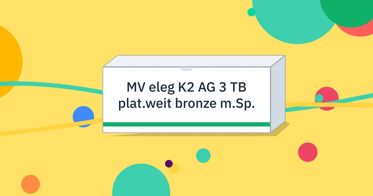 Symbolbild: Packung mit der Aufschrift MV eleg K2 AG 3 TB plat.weit bronze m.Sp. (PZN 14718356) – Verfügbarkeit und Bezug in Apotheken in Frankfurt am Main