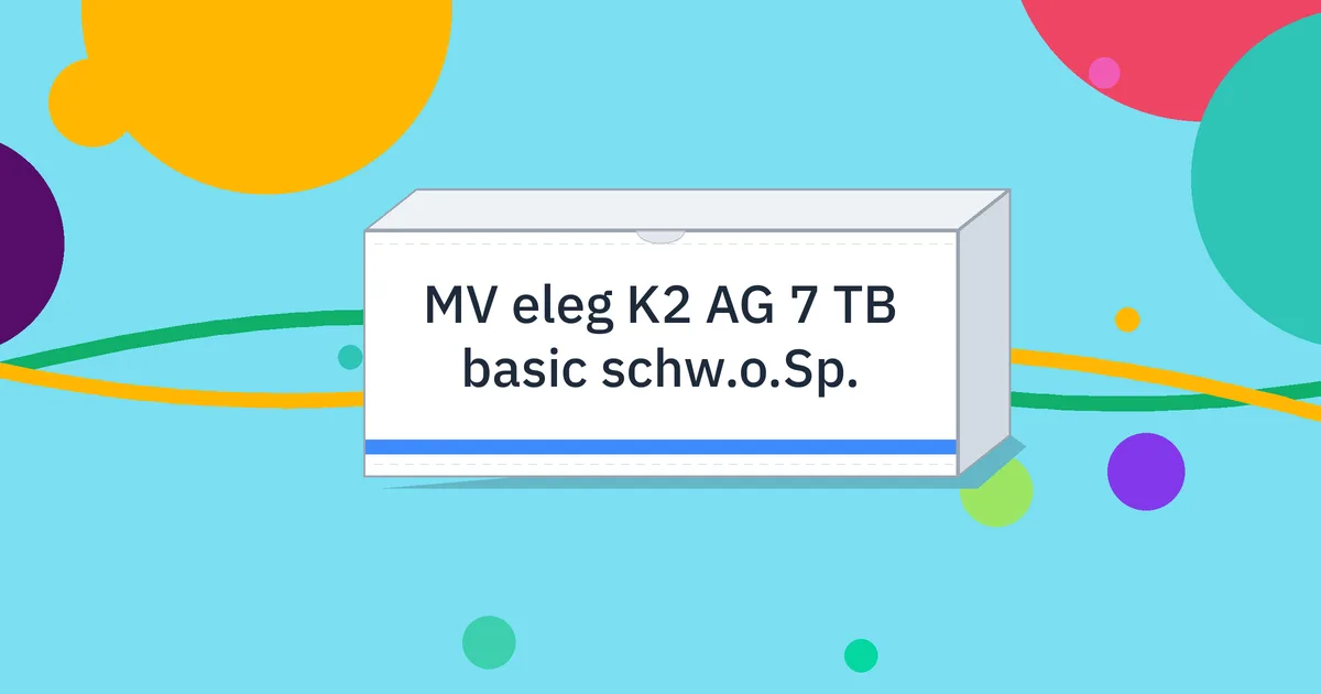 Symbolbild: Packung mit der Aufschrift MV eleg K2 AG 7 TB basic schw.o.Sp. (PZN 00221304) – Verfügbarkeit und Bezug in Apotheken in Frankfurt am Main
