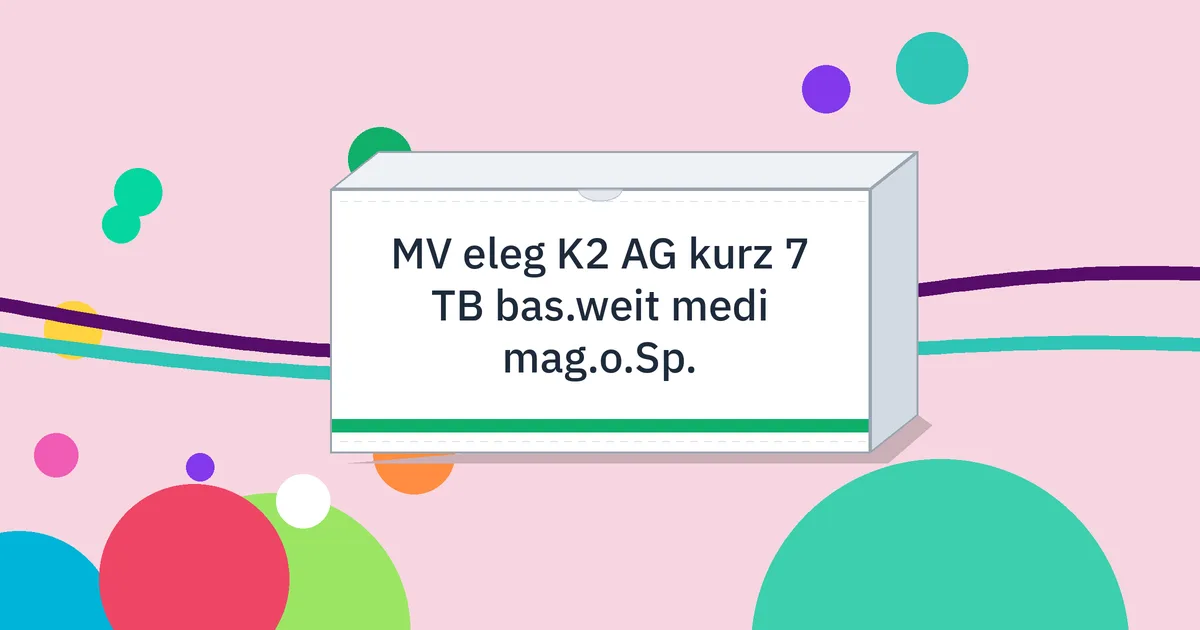 Symbolbild: Packung mit der Aufschrift MV eleg K2 AG kurz 7 TB bas.weit medi mag.o.Sp. (PZN 14638338) – Verfügbarkeit und Bezug in Apotheken in Frankfurt am Main