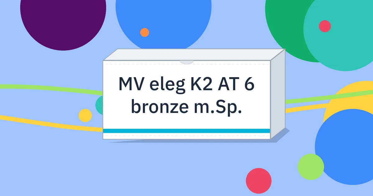 Symbolbild: Packung mit der Aufschrift MV eleg K2 AT 6 bronze m.Sp. (PZN 15284612) – Verfügbarkeit und Bezug in Apotheken in Frankfurt am Main