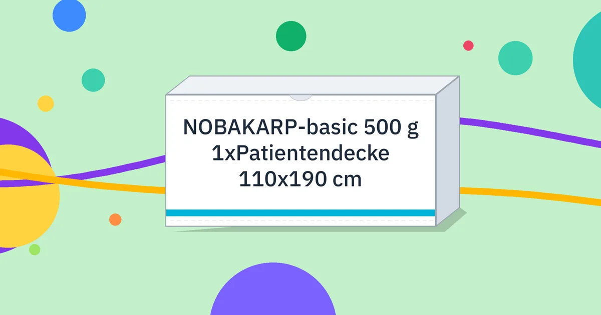 Symbolbild: Packung mit der Aufschrift NOBAKARP-basic 500 g 1xPatientendecke 110x190 cm (PZN 13878514) – Verfügbarkeit und Bezug in Apotheken in Frankfurt am Main