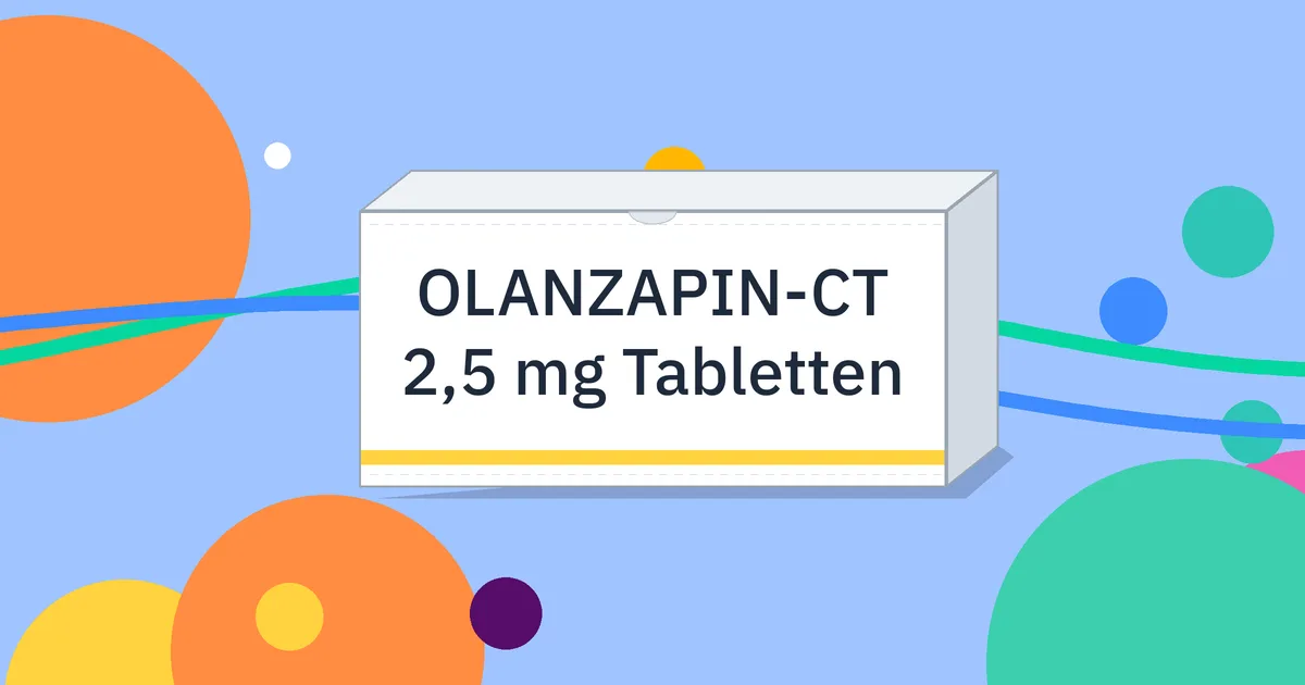 Symbolbild: Packung mit der Aufschrift OLANZAPIN-CT 2,5 mg Tabletten (PZN 08442140) – Verfügbarkeit und Bezug in Apotheken in Frankfurt am Main