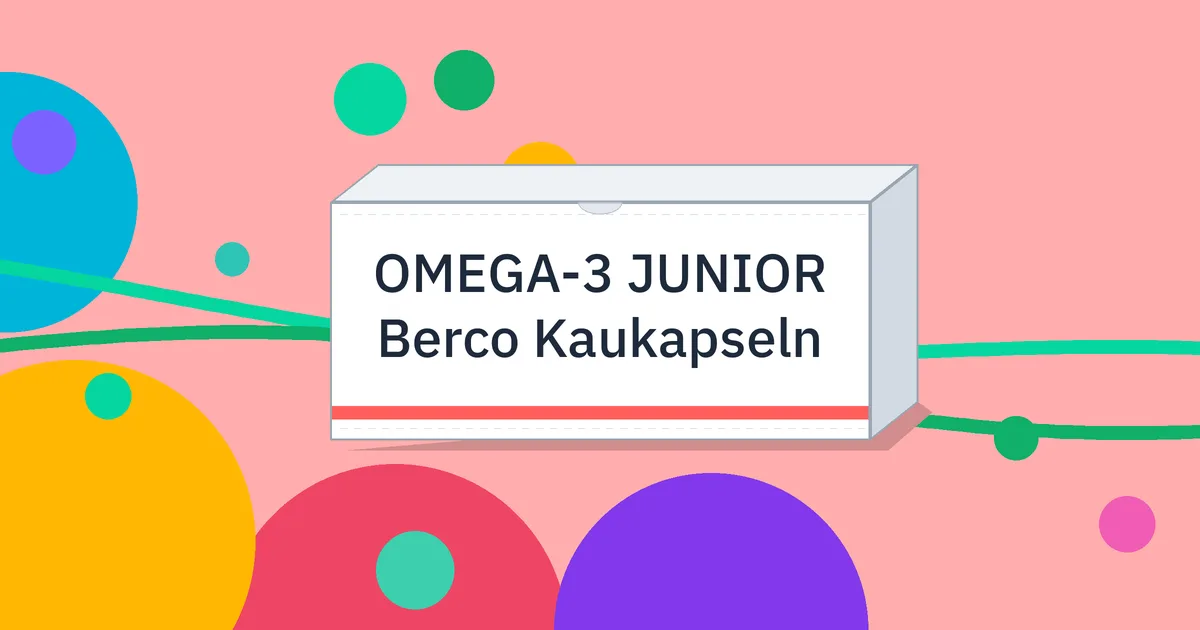Symbolbild: Packung mit der Aufschrift OMEGA-3 JUNIOR Berco Kaukapseln (PZN 10329072) – Verfügbarkeit und Bezug in Apotheken in Frankfurt am Main