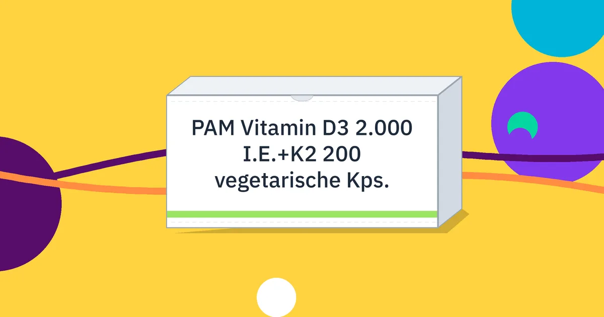 Symbolbild: Packung mit der Aufschrift PAM Vitamin D3 2.000 I.E.+K2 200 vegetarische Kps. (PZN 20280533) – Verfügbarkeit und Bezug in Apotheken in Frankfurt am Main