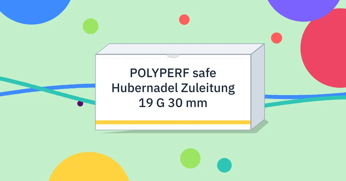 Symbolbild: Packung mit der Aufschrift POLYPERF safe Hubernadel Zuleitung 19 G 30 mm (PZN 13866267) – Verfügbarkeit und Bezug in Apotheken in Frankfurt am Main