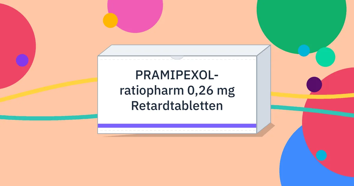 Symbolbild: Packung mit der Aufschrift PRAMIPEXOL-ratiopharm 0,26 mg Retardtabletten (PZN 17537508) – Verfügbarkeit und Bezug in Apotheken in Frankfurt am Main