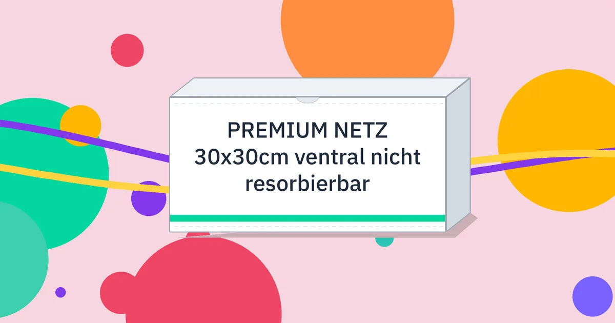 Symbolbild: Packung mit der Aufschrift PREMIUM NETZ 30x30cm ventral nicht resorbierbar (PZN 19505085) – Verfügbarkeit und Bezug in Apotheken in Frankfurt am Main