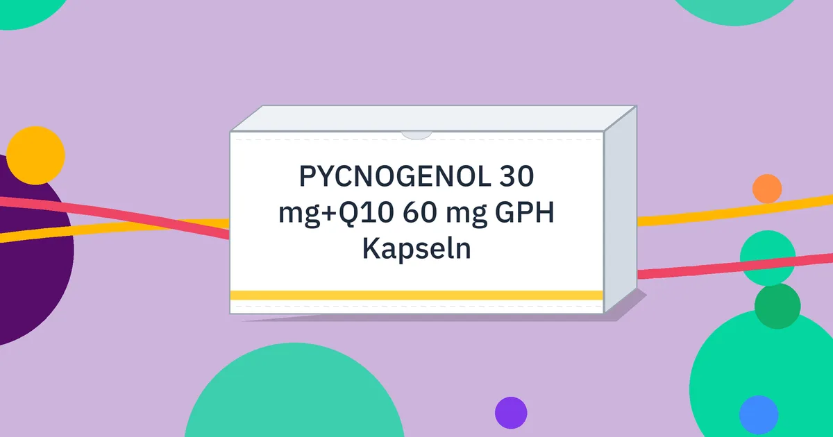 Symbolbild: Packung mit der Aufschrift PYCNOGENOL 30 mg+Q10 60 mg GPH Kapseln (PZN 01160881) – Verfügbarkeit und Bezug in Apotheken in Frankfurt am Main