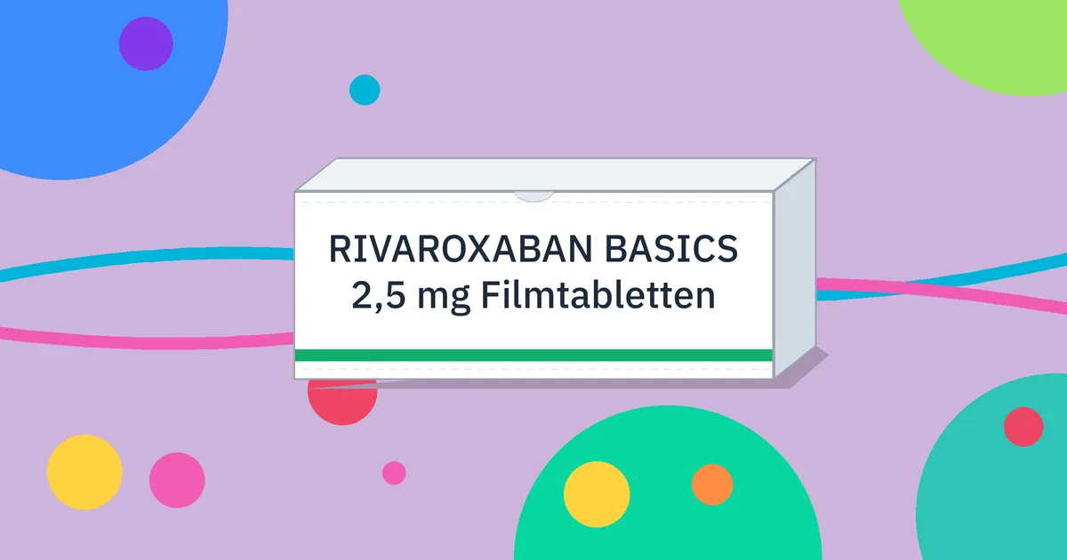 Symbolbild: Packung mit der Aufschrift RIVAROXABAN BASICS 2,5 mg Filmtabletten (PZN 18838896) – Verfügbarkeit und Bezug in Apotheken in Frankfurt am Main
