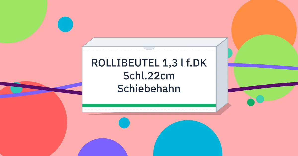 Symbolbild: Packung mit der Aufschrift ROLLIBEUTEL 1,3 l f.DK Schl.22cm Schiebehahn (PZN 06094692) – Verfügbarkeit und Bezug in Apotheken in Frankfurt am Main